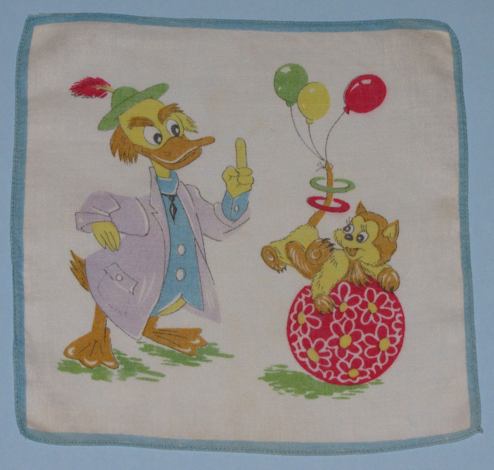 VINTAGE CHILD'S HANKY CARTOON DUCK & CAT CIRCUS ACT C… - Gem
