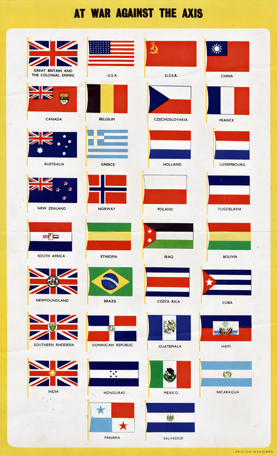 Flags At War Against the Axis UK World War 2, 1943 Propaganda poster ...