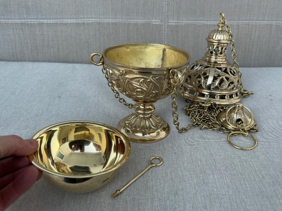 Traditional Triple Chain Brass Church Censer, Thurible w/Liner (Q395 ...