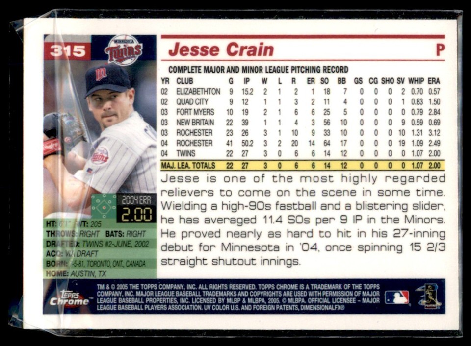2005 TOPPS CHROME JESSE CRAIN MINNESOTA TWINS #315 | eBay