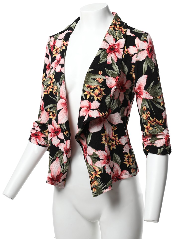 FashionOutfit Women's Solid/Print Stretch 3/4 Gathered Sleeve Open ...