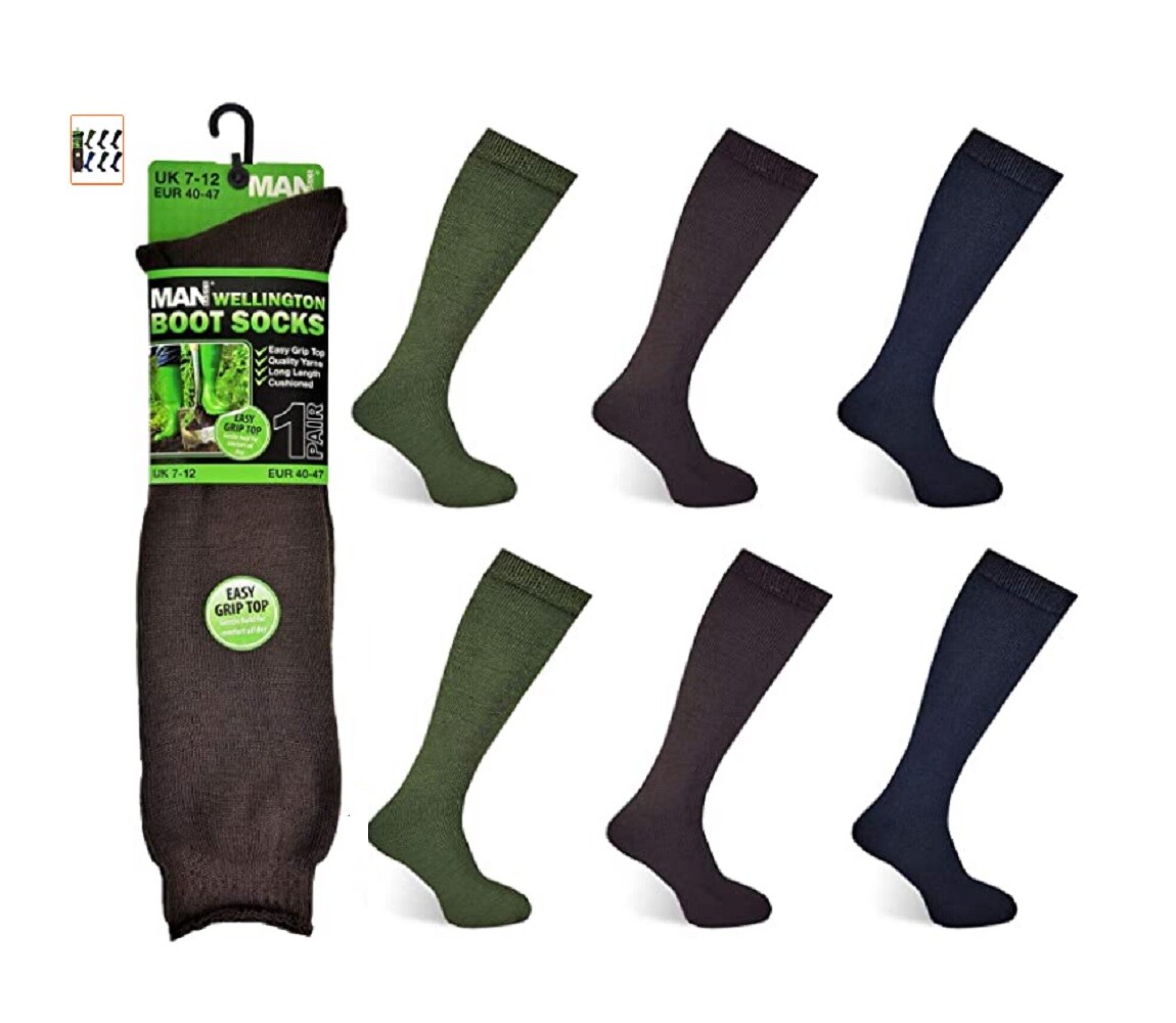 Mens 3 or 6 Pairs Wellington Socks Long Welly Boot Liners Camping ...