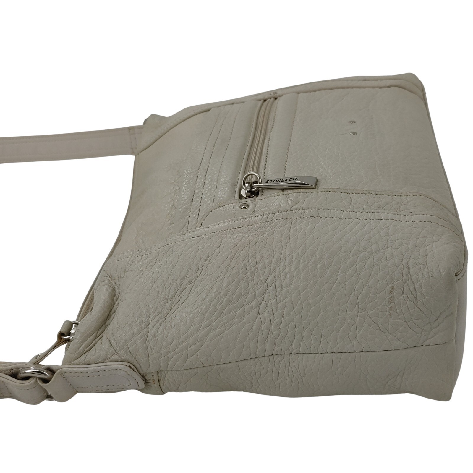 STONE & CO. Cream Pebble Leather Shoulder Bag Adjustable Strap Silver ...