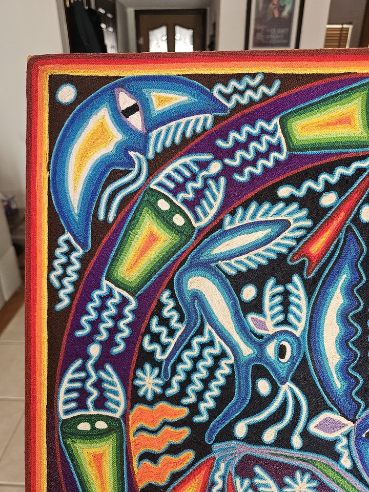 RARE "JIKURI SACRED PEYOTE" Huichol Yarn Painting Indigenous Mexico ...