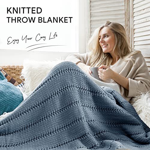 Cable Knit Dusty Blue Throw Blanket for Couch Super Soft Warm Cozy ...
