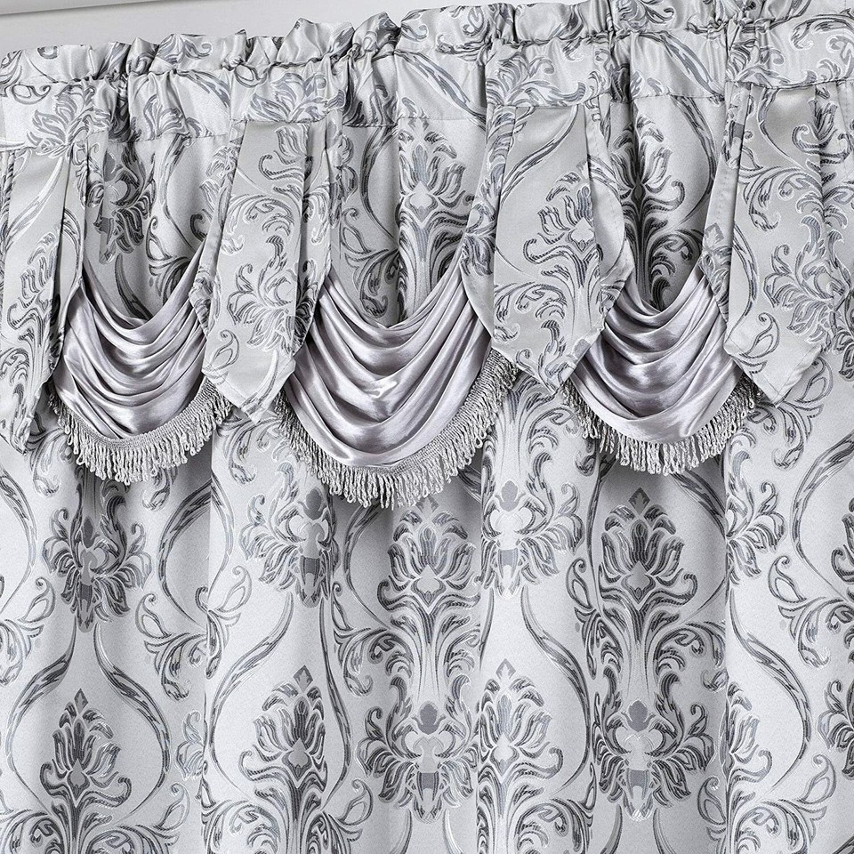 Set 2 Silver Gray Fringe Damask Curtains Panels Drapes Pair Valance 63 ...