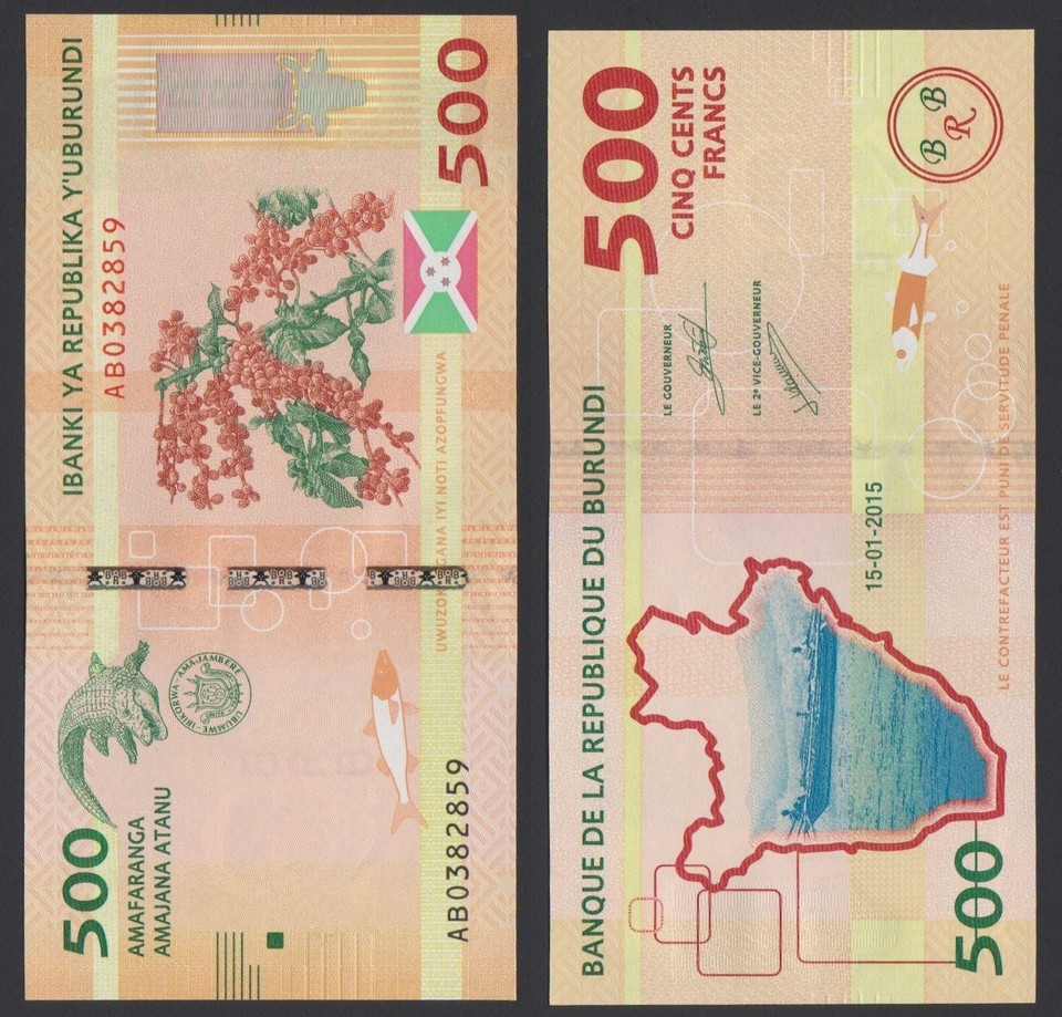 Burundi 500 francs 2015 Crocodile Coffee Flag & Map P50a Prefix AB UNC ...