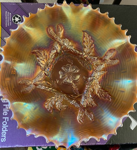 RARE Dugan Carnival Apple Blossom Twigs Ruffled Bowl Peach Opalescent 8 ...