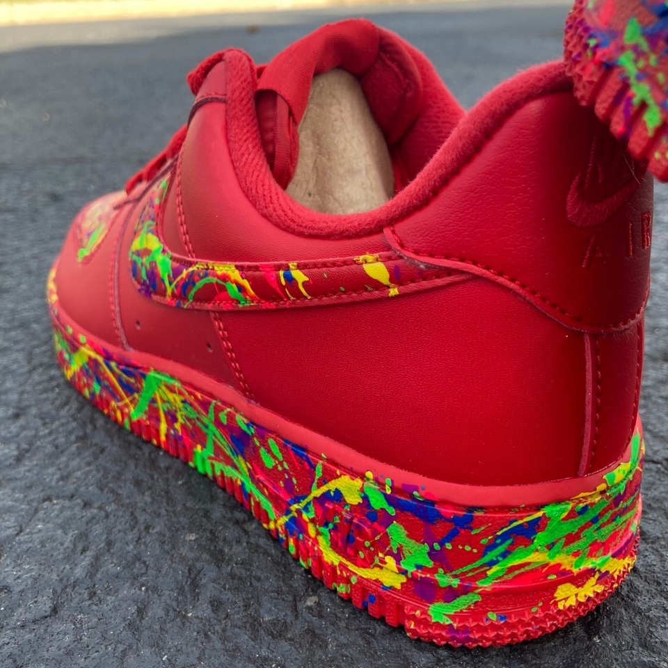 Nike Air Force 1 Custom Triple Red Multi Color Neon Splatter Shoes Mens ...