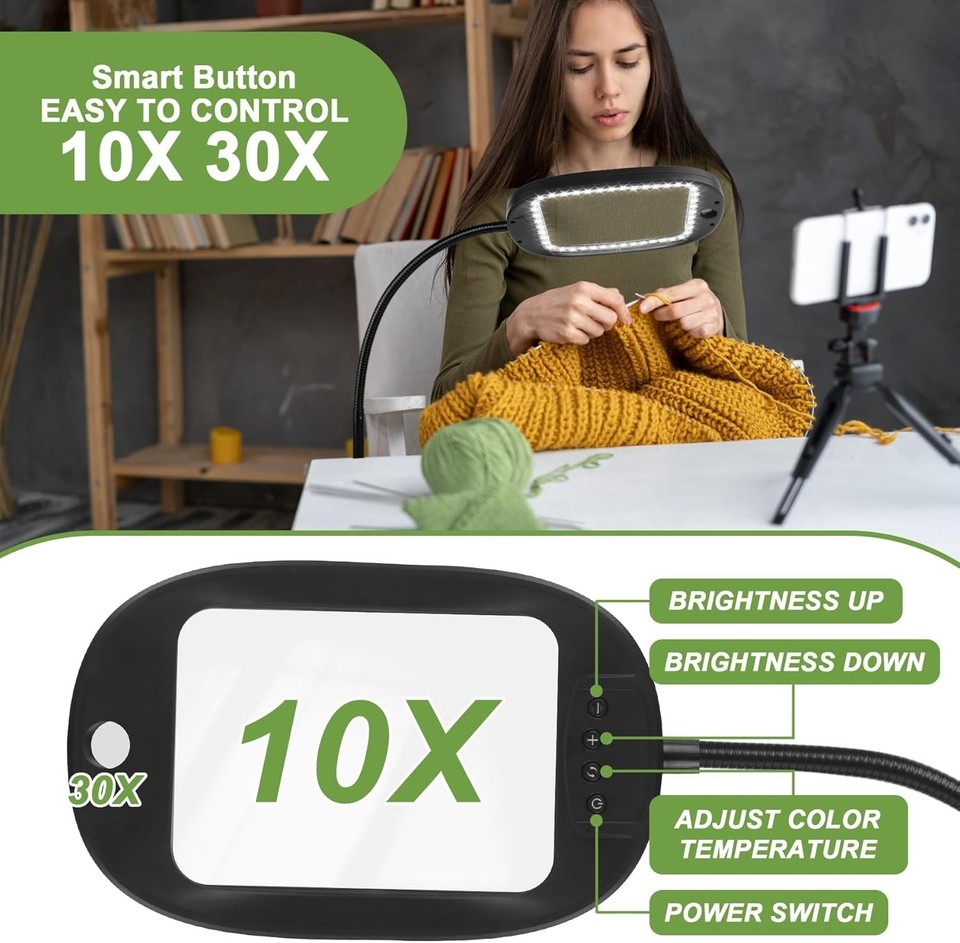 10x Magnifying Glass with Light & Floor Standing, 45 LEDs Desk Lamp, 5 ...