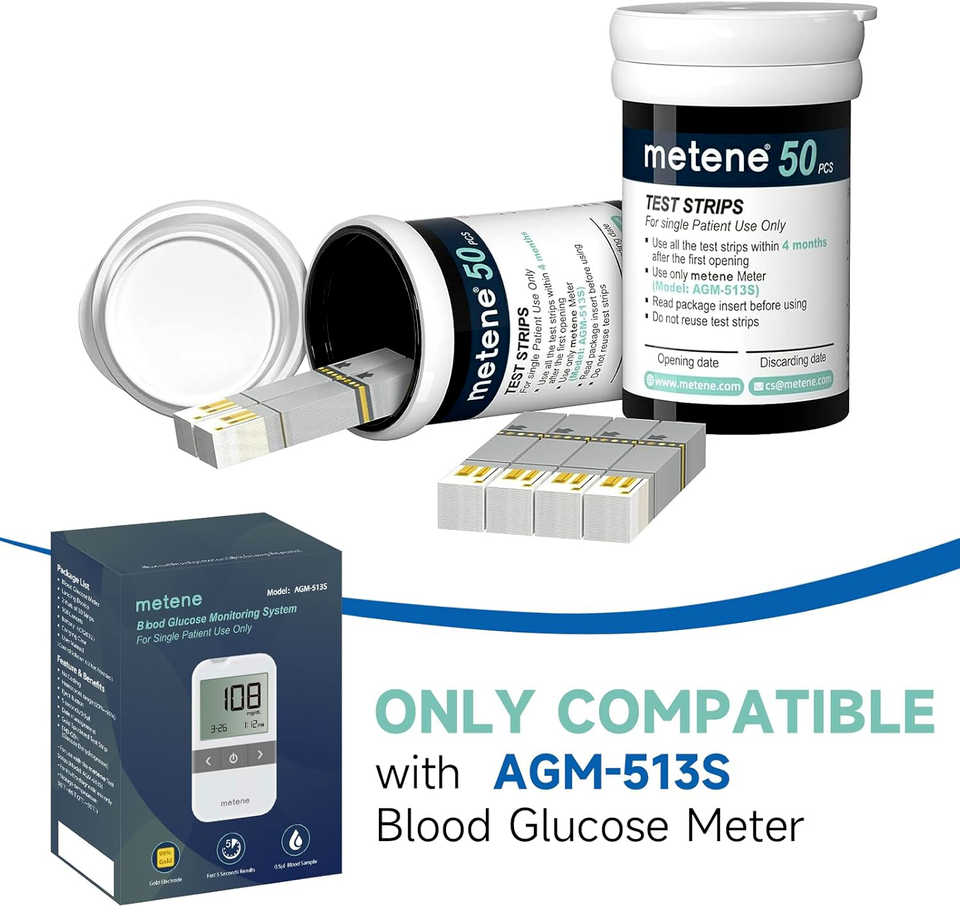 Box 100 Count Metene AGM-513S Test Strips Diabetes Blood Glucose/ Exp ...