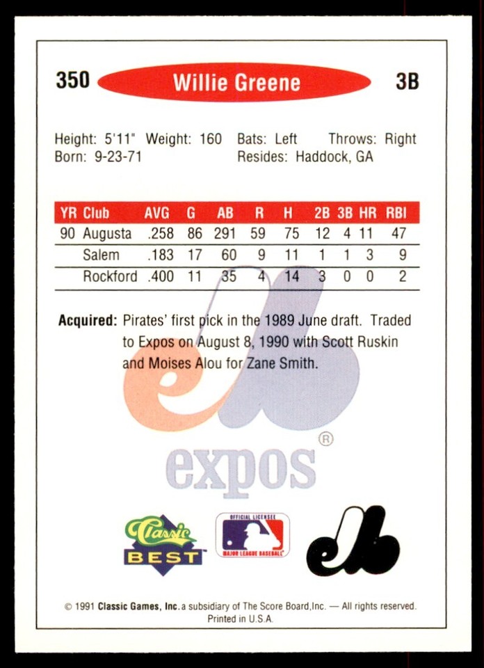 1991 Classic Best Minor League Willie Greene Baseball Cards #350 | eBay