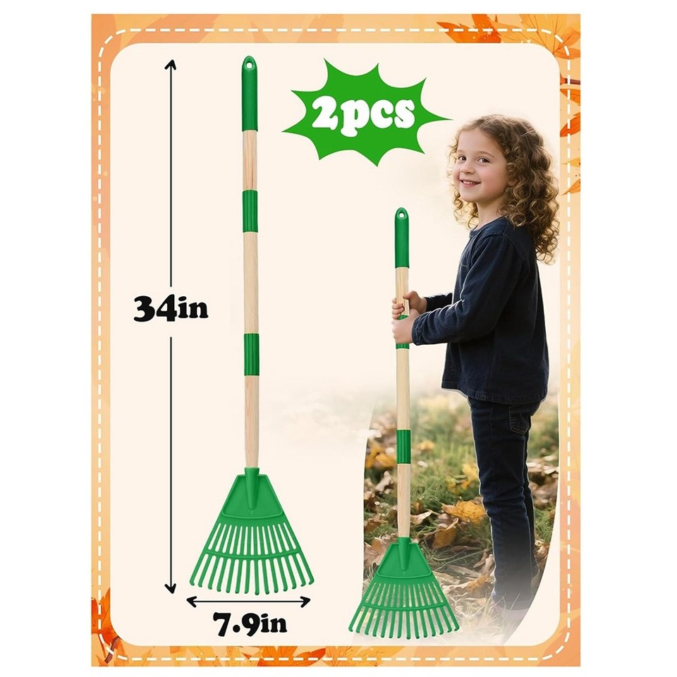 2 Pcs Kids Rakes with Wood Handle - 34inch Light Plastic Garden Rake ...