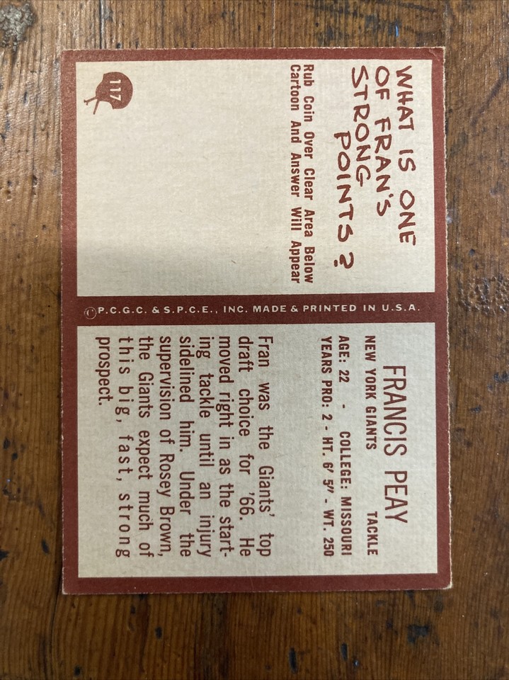 1967 Philadelphia #117 Francis Peay Rookie New York Giants NFL Vintage ...