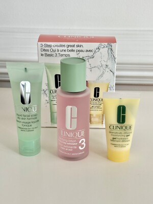 NIB Clinique 3 STEP SYSTEM KIT Soap Clarifying Lotion Gel Moisturizer ...