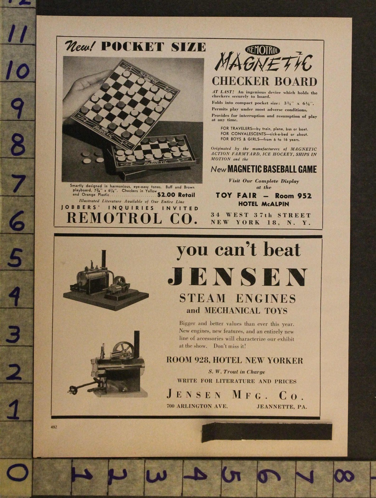 1950 TOY AD POCKET MAGNETIC CHECKER JENSEN STEAM ENGINE JEANETTE ...