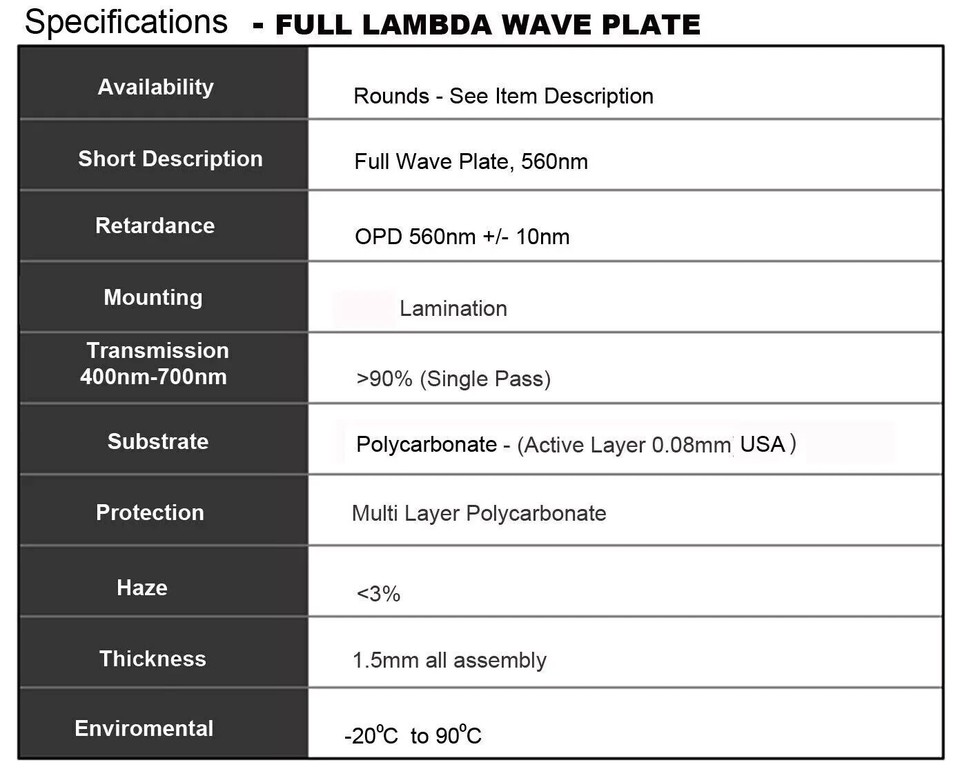 22mm - Full Lambda Wave Plate – for Microscopes - Polarizing ...