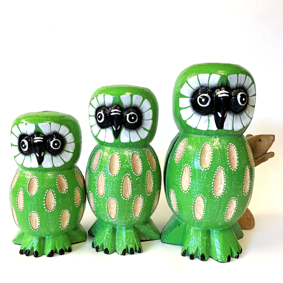 3 x GREEN OWLs - Bali Hand Carved Wood Figurines - Tallest 19.5cm ...