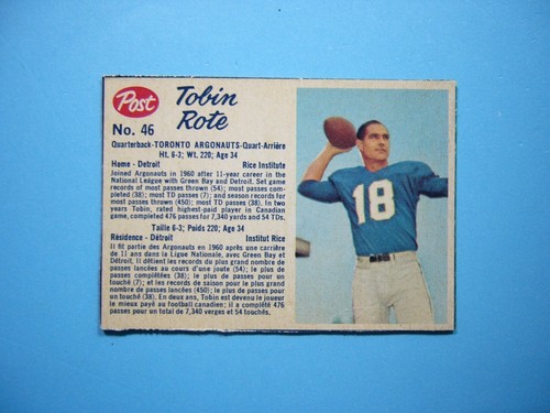 1962 POST CEREAL CFL FOOTBALL CARD #46 TOBIN ROTE SHARP!! TORONTO ...