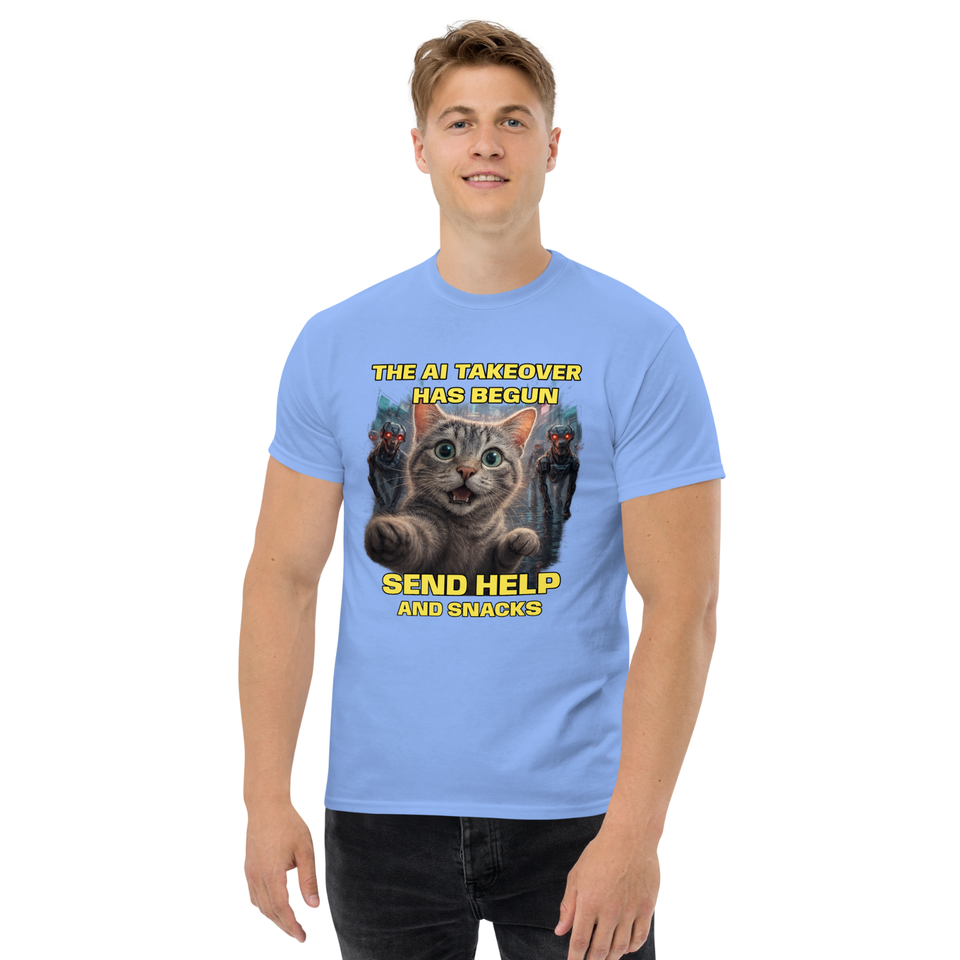 Funny Cat AI Takeover T-Shirt Send Help And Snacks Meme Graphic Tee ...