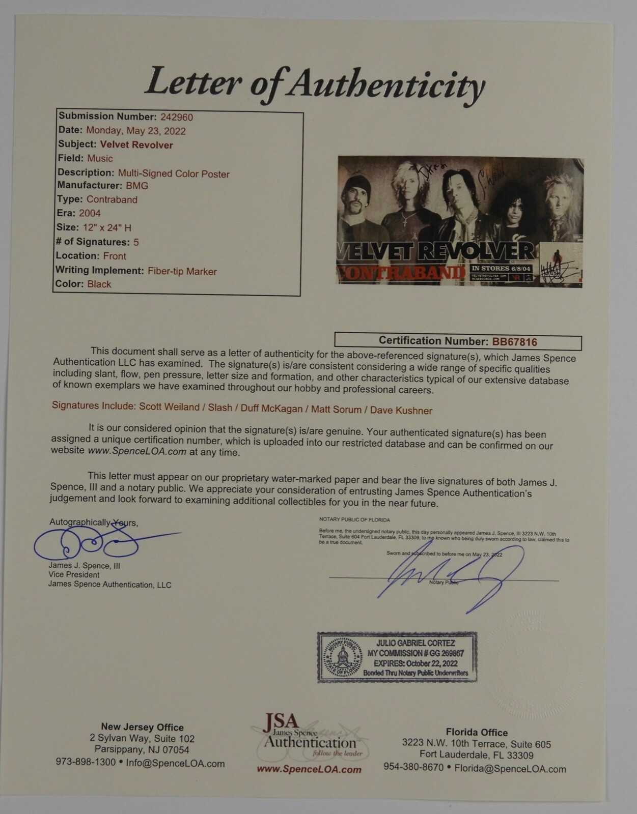 Velvet Revolver JSA Autograph Fully Signed 12" x 24" Poster Slash Duff ...