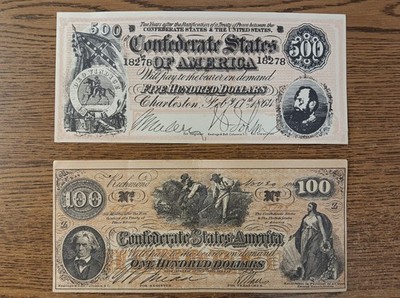 Confederate States Currency Lot, $100 Richmond 1862 & $500 Charleston ...