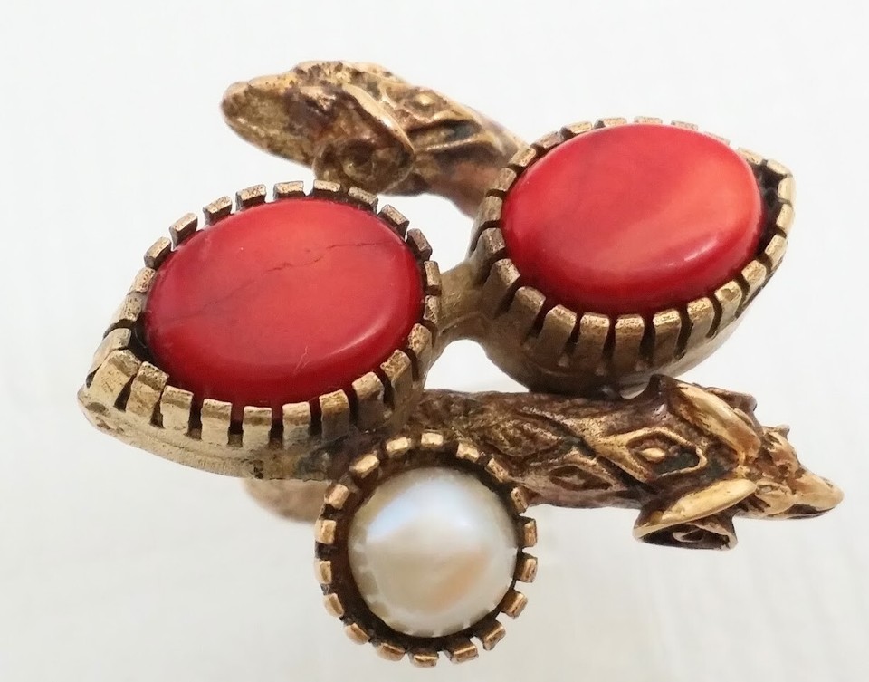 Vintage Handcrafted Brass Red Coral & Pearl Ram's Head Ring Size 6.5 | eBay