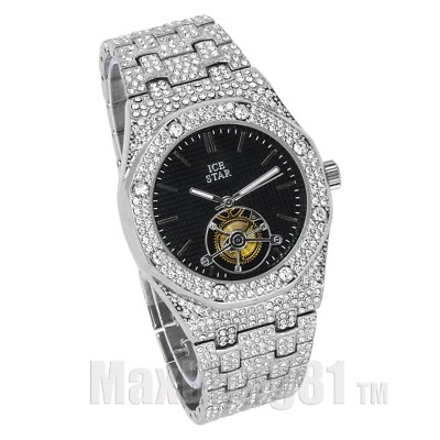 Luxury Iced Hip Hop Silver Plated Rapper Bling Metal Band Black Dial ...