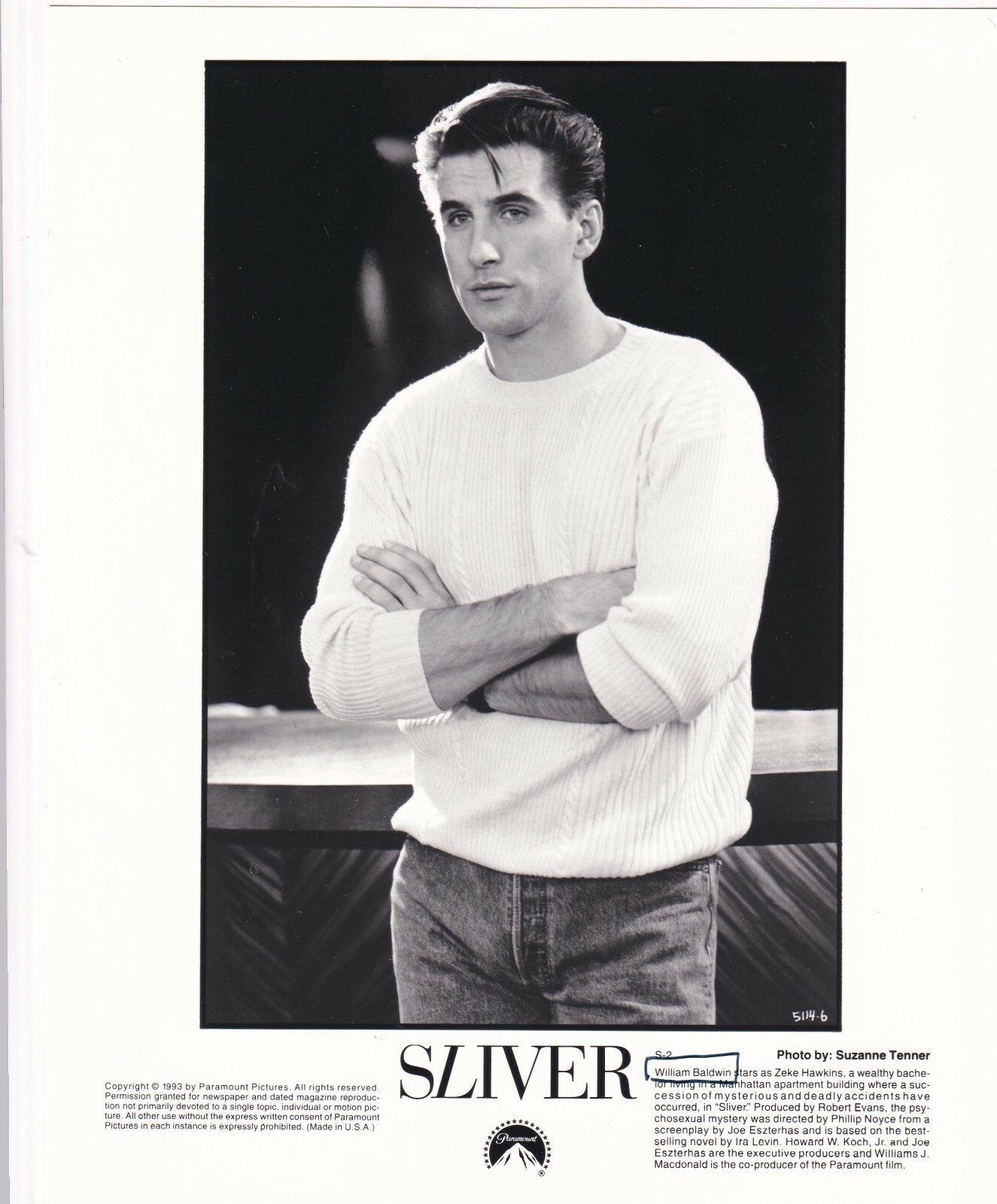WILLIAM BALDWIN HANDSOME PORTRAIT "SLIVER" 1993 ORIG VINTAGE PHOTO 382 ...