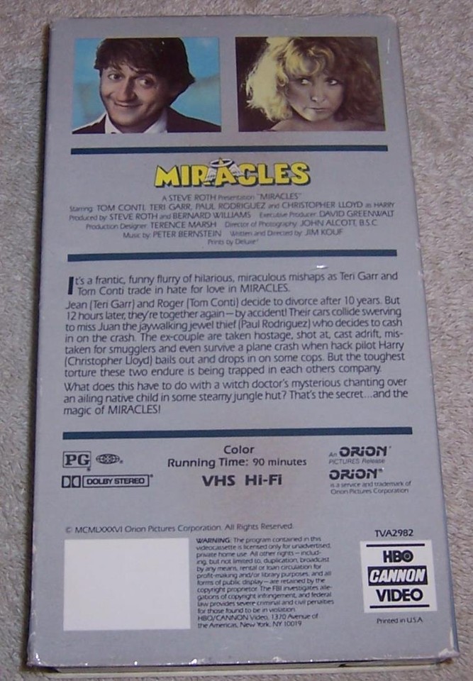 Miracles VHS Video Tom Conti Teri Garr Paul Rodriguez Christopher Lloyd ...