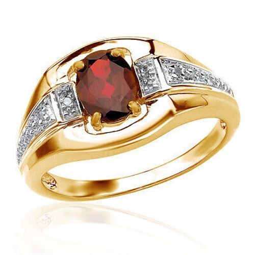 Oval Red Garnet & Natural Diamond Accent Men's Weddg Rg 14k Gold Plated ...