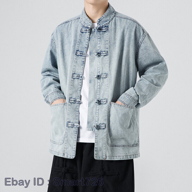 Men Casual Denim Jacket Mandarin Collar Frog Button Chinese Blouse ...