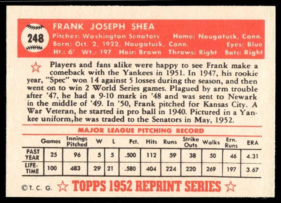 1983 Topps 1952 Reprint Series Frank Shea Washington Senators #248 | eBay