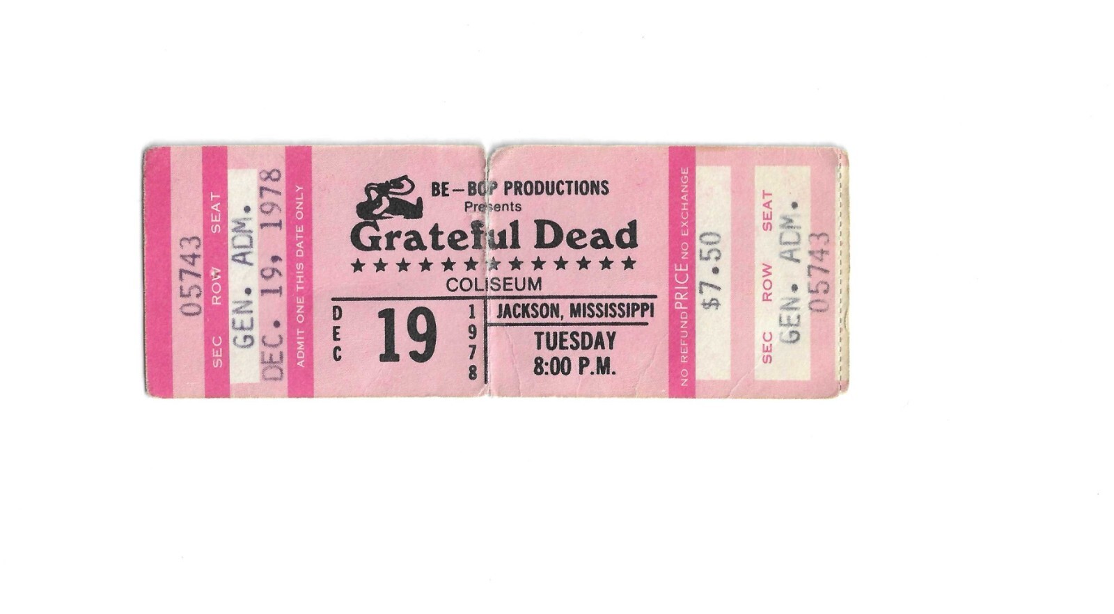 GRATEFUL DEAD TICKET 12-19-1978 COLISEUM, JACKSON MISSISSIPPI JERRY ...