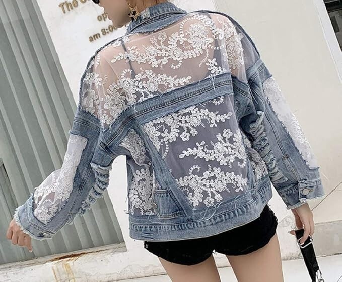 Women's Frayed Lace Patchwork See-Through Button Down Denim Jacket | eBay