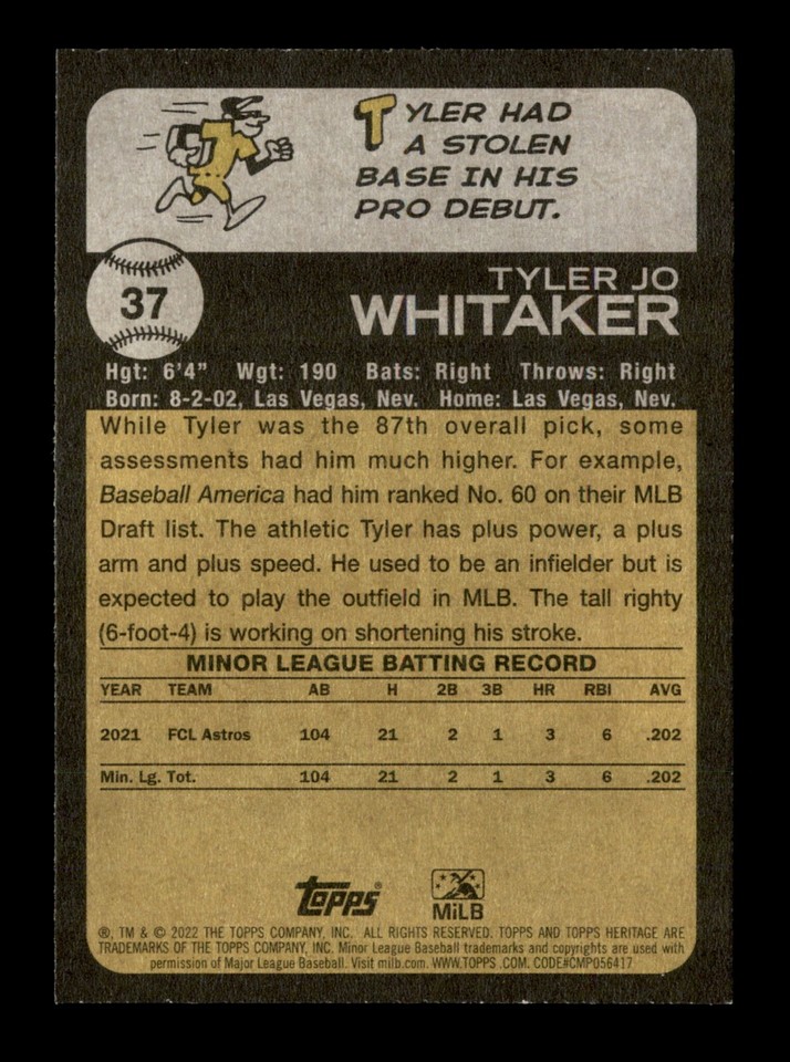 2022 Topps Heritage Minors #37 Tyler Whitaker Astros baseball card | eBay