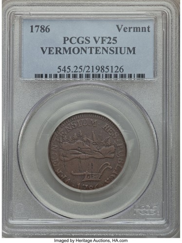 1786 Vermont Landscape Copper VERMONTENSIUM RR-6 PCGS VF25 Cert ...