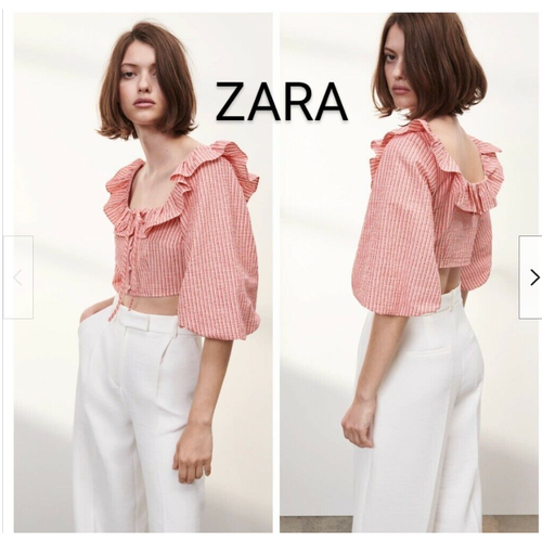 Zara Pink White Stripe Crop Ruffle Top sz L | eBay