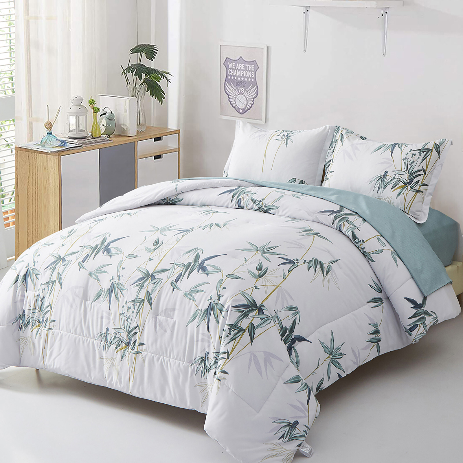 Bamboo Leaf Comforter Set Quilted Doona Queen Size Bedding Pillowcase ...
