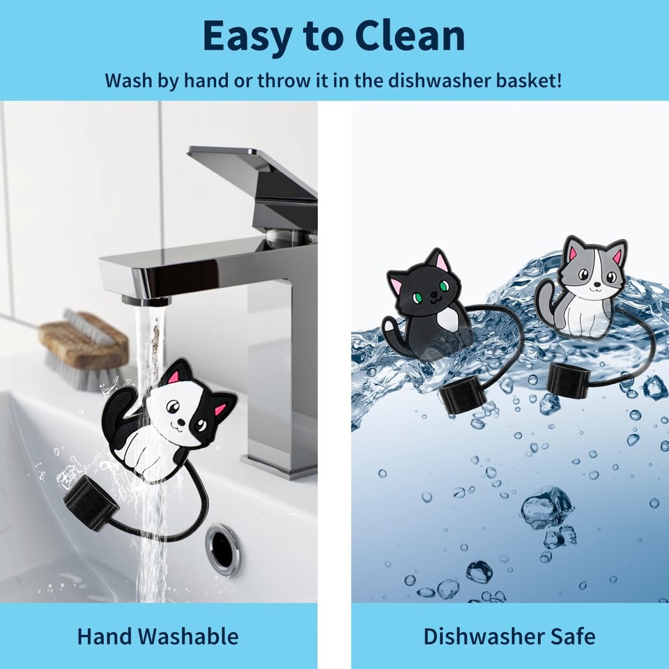 6Pcs Cute Cat Straw Covers Black White Grey Reusable Straw Topper Caps ...