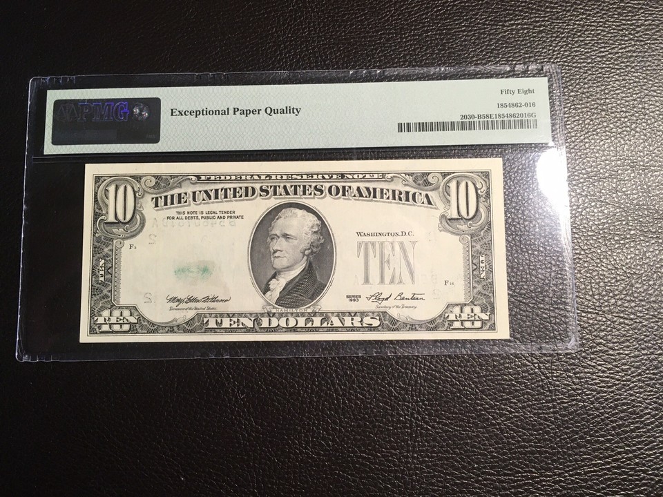 10.00 1993 FRNote Error Overprint On Back Error PMG 58 ChoiceAu EPQ ...