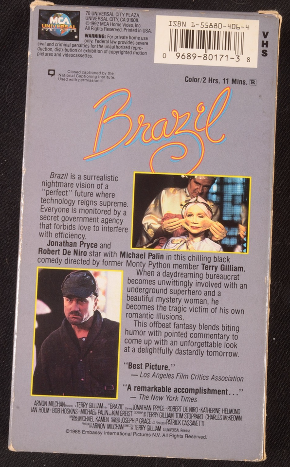 Brazil VHS Tape Terry Gilliam Movie Robert De Niro Michael Palin MCA ...