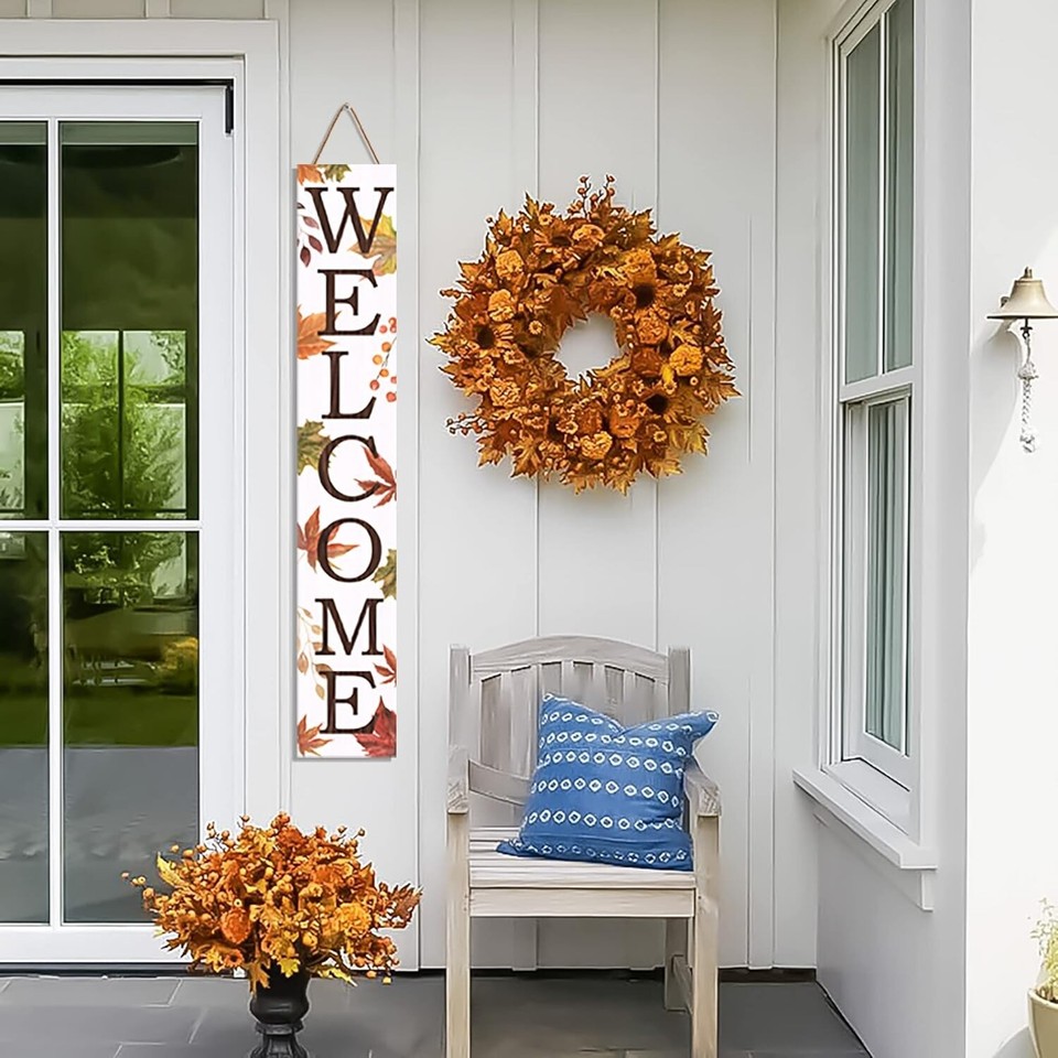 WELCOME Porch Sign Fall Autumn Leaves Wooden Leaning Wall Hanging ...