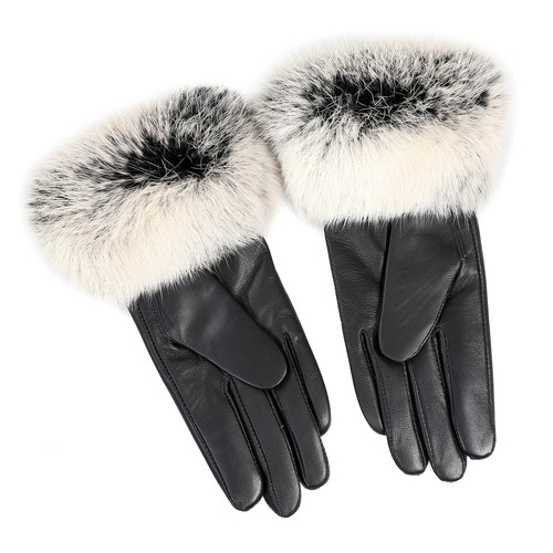 Women's Genuine Leather Gloves Rabbit Fur Trim Cuff Velvet Lined Winter ...