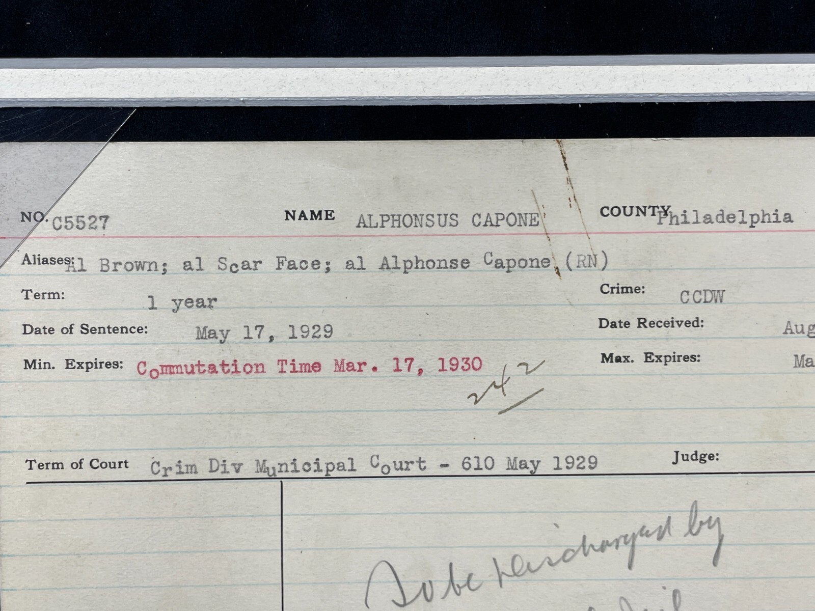 Al Capone Original 1929 Philadelphia Prison Sentence Document Framed ...