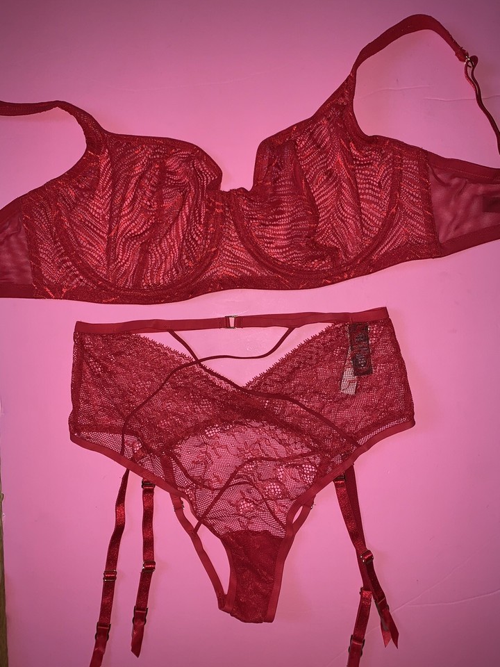 Victoria's Secret unlined 36DD BRA SET M garter panty RED zebra Lace ...