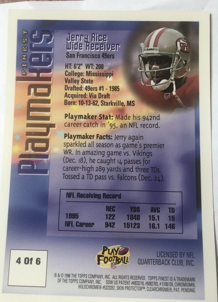 1996 Topps Finest Jerry Rice Refractor Super Jumbo 5x7 Card Pro Bowl ...