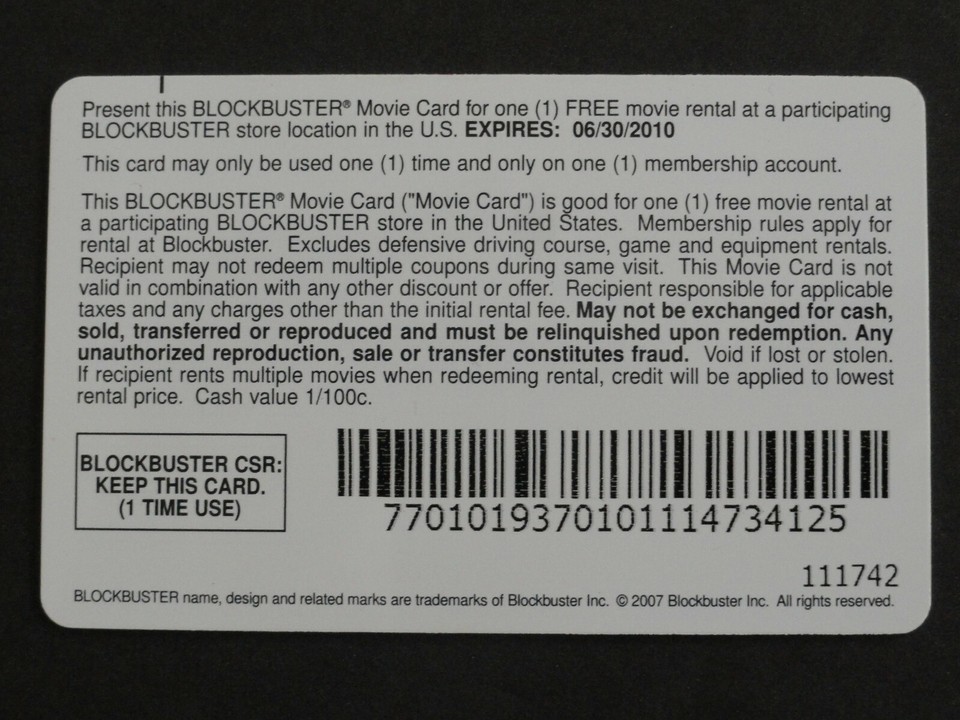 BLOCKBUSTER VIDEO GIFT CARD 2007 "1 MOVIE RENTAL" -NO VALUE CARD- | eBay