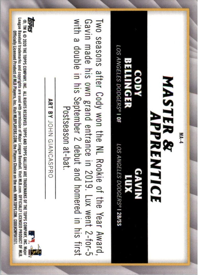 2020 Topps Gallery Master and Apprentice #MA4 Gavin Lux Cody Bellinger ...