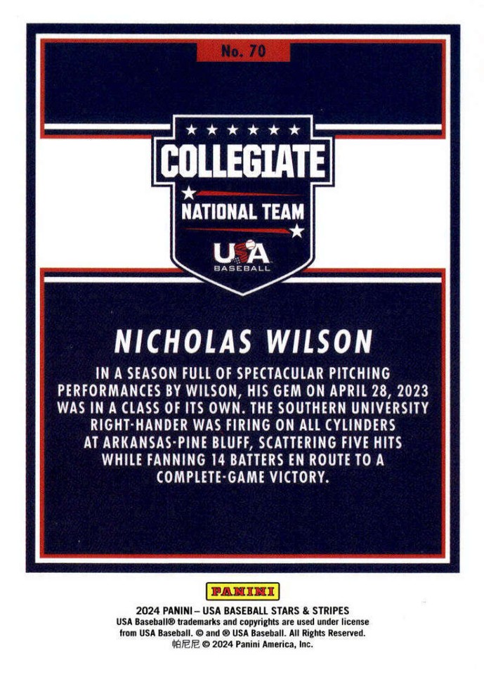 NICHOLAS WILSON RC 2024 Panini Stars and Stripes #70 Pre-ROOKIE Team U ...